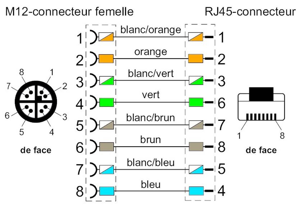 CORDON M12 4 PÔLES CAT 5E M12 FEMELLE DROIT/RJ45 MALE 5M